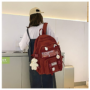 FOMEEX Kawaii Backpack with Pins Bear Pendant Cute Aesthetic Japanese School Bags Kawaii School Supplies Preppy Korean Stationary (Wein Red), One Size