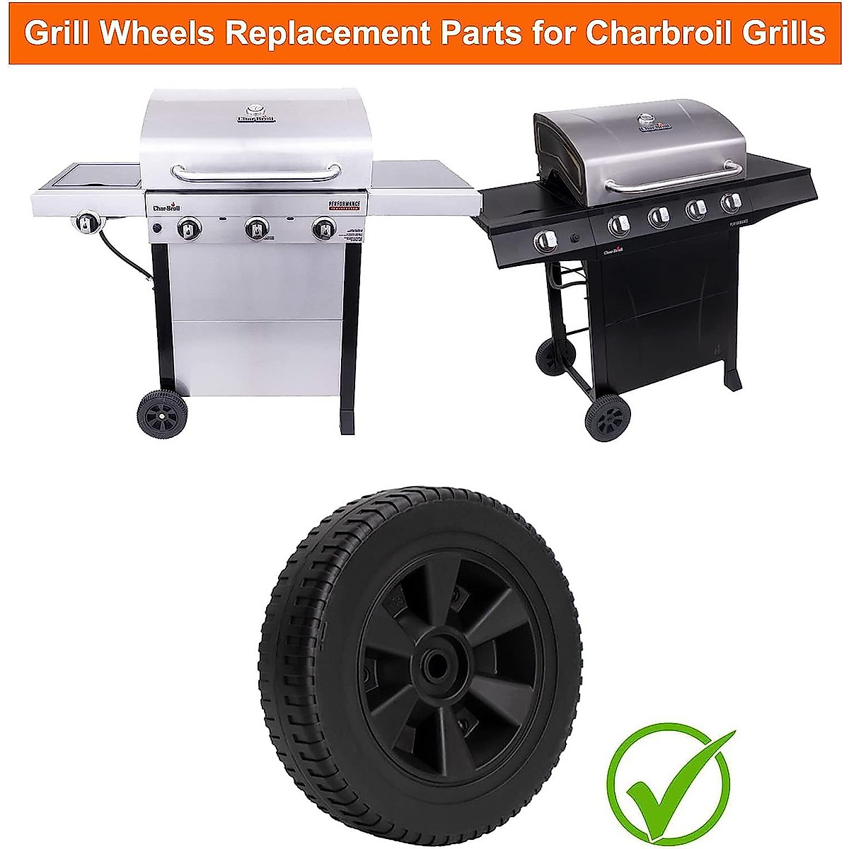 BBQ Future G210-0018-W1 8" Grill Wheels Replacement Parts for Charbroil Gas Grills wheels 463320107 463320707, Thermos 461320508, Grill Master, Kenmore and Other Brands Grills, Black Plastic Wheel