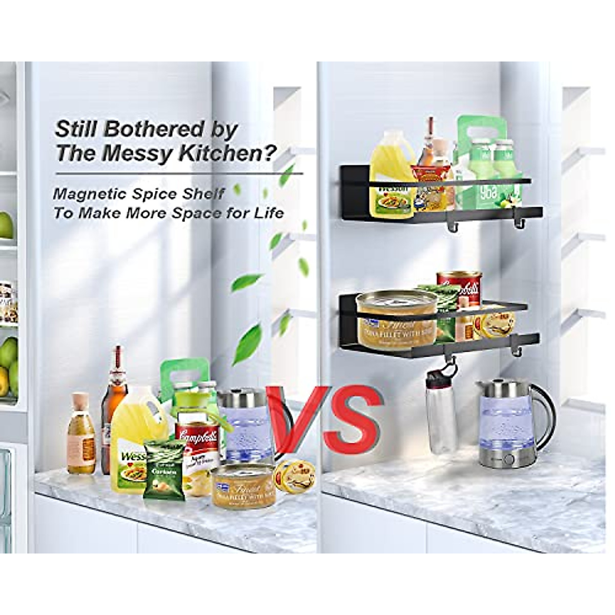 LITINEE Magnetic Spice Rack for Refrigerator Magnetic Shelf with 4 Removable Hooks, Strong Magnetic Spice Rack Perfect Space Saving for Holding Spices, Jars, Bottle, Olive Oil (Black, 2Pack)