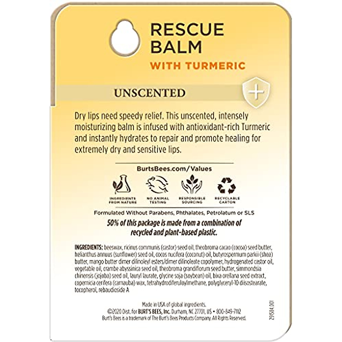 Burt's Bees 100% Natural Origin Rescue Lip Balm With Beeswax and Antioxidant-Rich Turmeric Promotes Healing Of Extremely Dry Lips, Unscented, 2 Tubes in Blister Box