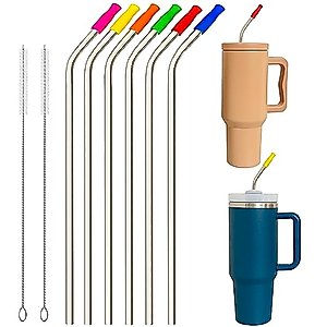 Wobye 6 Pack 13 Inch Extra Long Reusable Bent Stainless Steel Metal Straws with Cleaning Brush & Silicone Tips Fit for Stanley Quencher 40oz Tumbler, Simple Modern 32 40oz Tumbler, 64oz Water Bottle