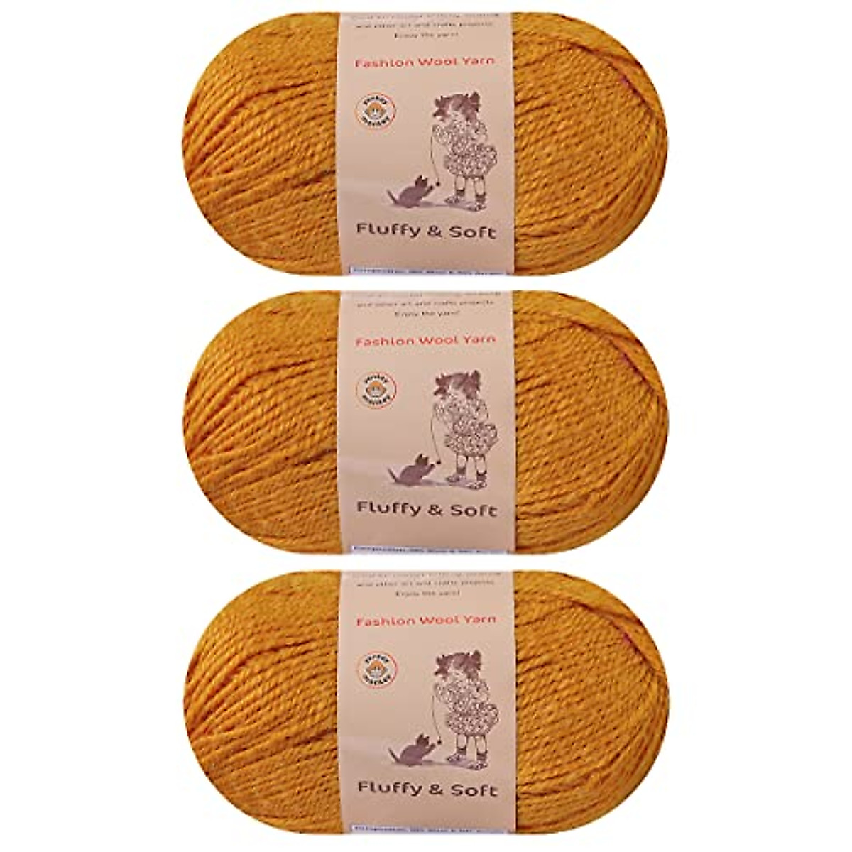 3-Pack Fluffy Wool Yarn by Yonkey Monkey. Lightweight and Soft. Knitting Crochet DIY Art Crafts (Turmeric 030)