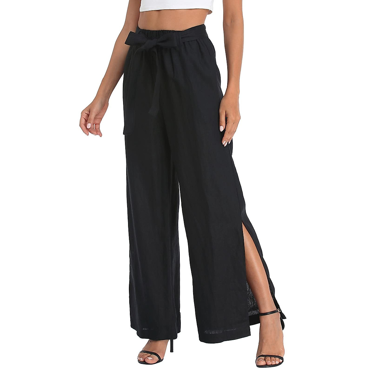 DSODAN Women's Cotton Linen Pants Elastic Waist Wide Leg Trousers with Belt Casual Side Slit Palazzo Pant with Pockets Linen Pants for Women Cargo Pants Women Plus Size Best Gifts New Year