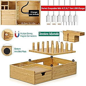Bamboo Charging Station for Multiple Devices - Darfoo Desktop Docking Station Organizer Compatible with Cell Phones, Tablet, Smart Watch & Earbuds (Included 6 Mixed Cables, No USB Charger)