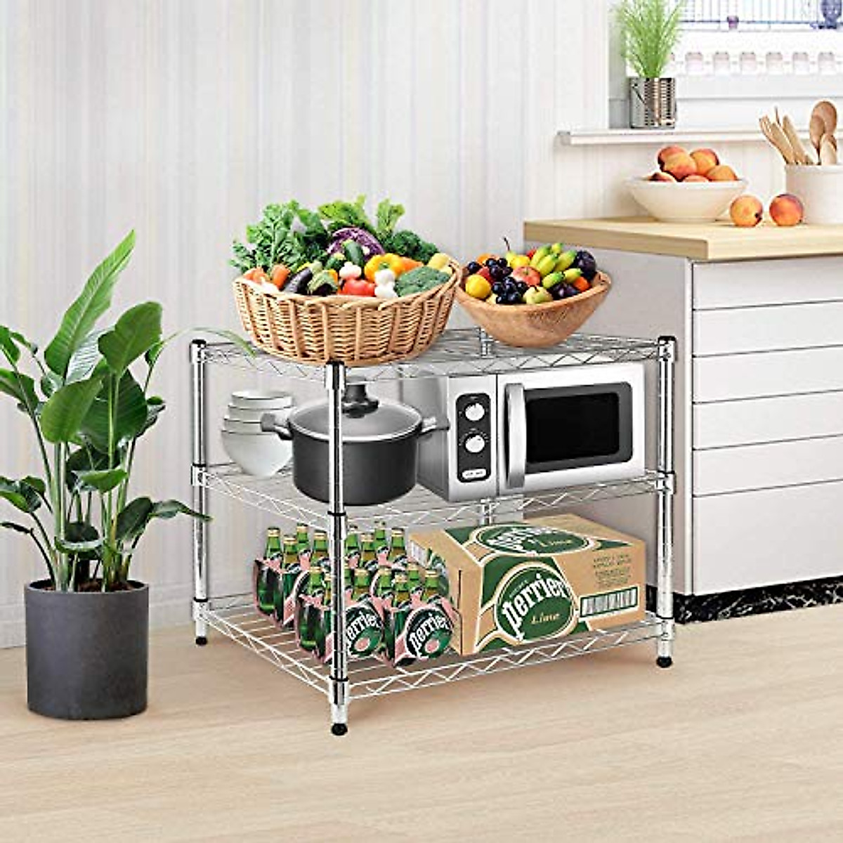 YSSOA 3-Tier Heavy Duty Height Adjustable Storage Shelving Unit,Chrome,24.02" D x 13.78" W x 21.97" H inch, 1 Pack