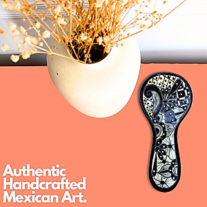 Ceramic Spoon Rest - Hand Painted Talavera - Mexican Style - Black and White Home Decor - Cuchara Floral Blanco/Negro