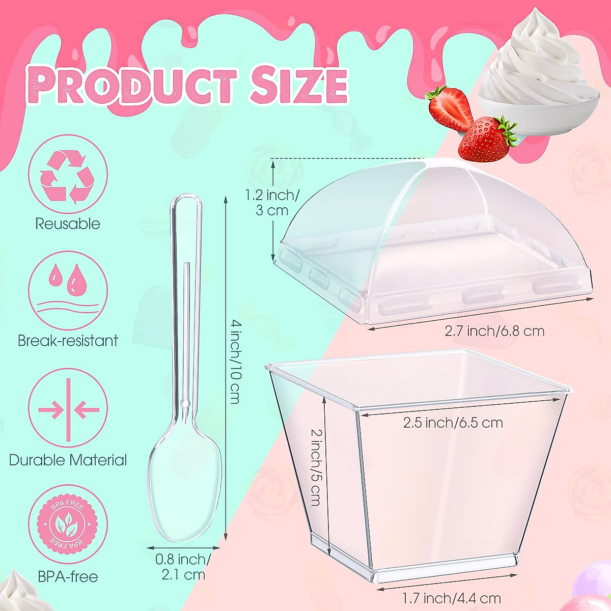 Mimorou 150 Pack 3 oz Plastic Dessert Cups with Lids and Spoons Square Parfait Cups Clear Appetizer Cups Disposable Ice Cream Containers for Cupcake, Pudding, Snacks, Yogurt