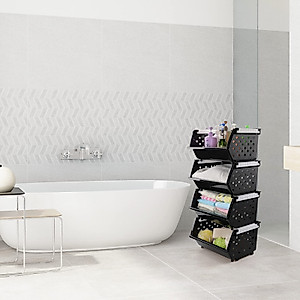 Ewingger 4-Pack Plastic Stacking Storage Basket, Stackable Organizer Baskets Bin, Black