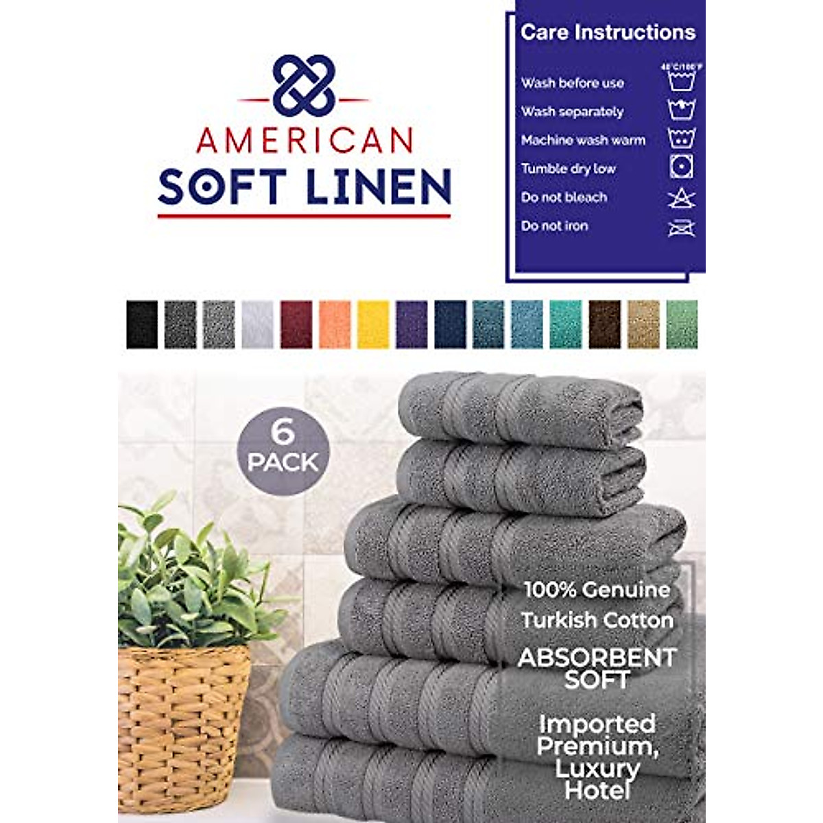 American Soft Linen 100% Turkish Carde Cotton 6 Piece Towel Set, 560 GSM Towels for Bathroom, Super Soft 2 Bath Towels 2 Hand Towels 2 Washcloths, Silver Grey