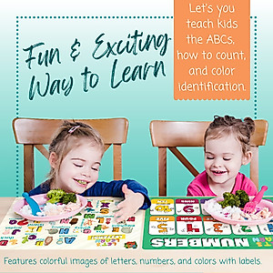 Baby PhD Disposable Placemats for Baby, Kids, & Toddlers - Let's Learn Design - Table Mat or Topper for Restaurants, Stick-On Placemat for Travel, Sticky Strips Stay in Place - 3 Designs, Pack of 60