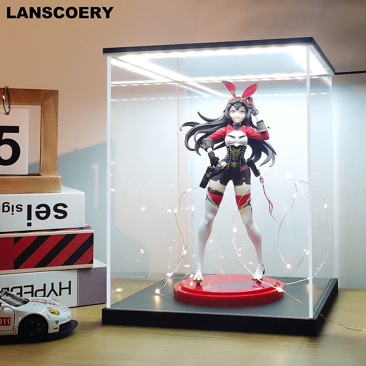 LANSCOERY Clear Acrylic Display Case with LED Light, Large Showcase and Display Box, Dustproof with UV Protection, Perfect for Figures Collectibles - 11.8x11.8x15.7inch