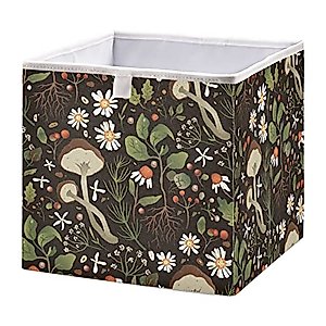 Kigai Mushroom Daisy Cube Storage Bin, 11x11x11 in Collapsible Fabric Storage Cubes Organizer Portable Storage Baskets for Shelves, Closets, Laundry, Nursery, Home Decor