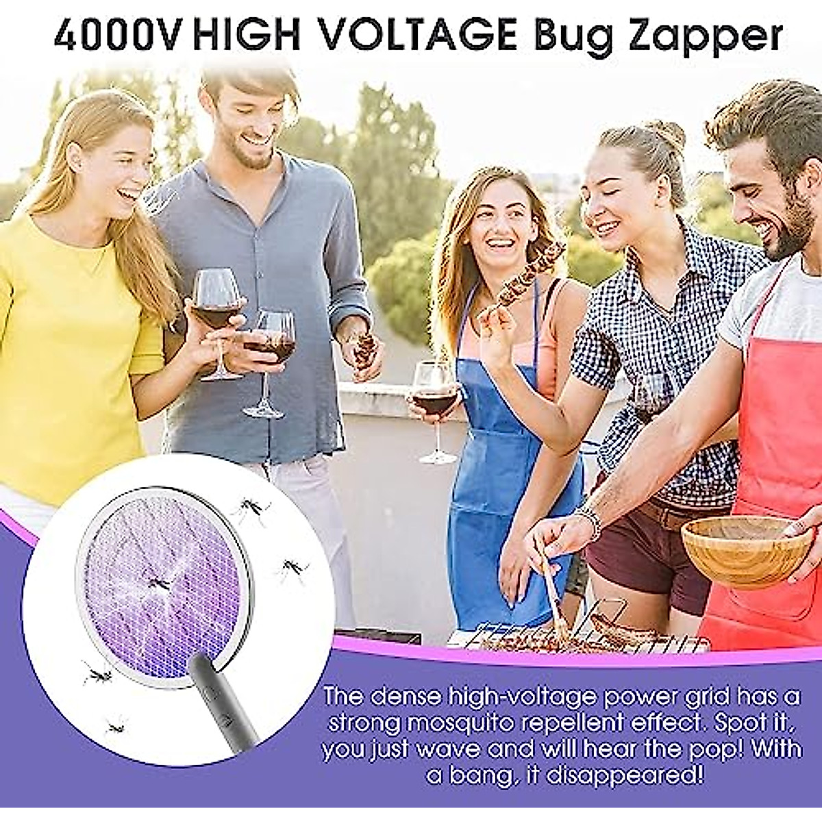 Electric Fly Swatter Racket 2 Pack, Mosiller 2 in 1 Bug Zapper with USB Rechargeable Base, 4000 Volt Indoor Outdoor Mosquito Killer with 3-Layer Safety Mesh for Pest Insect Control & Flying Trap