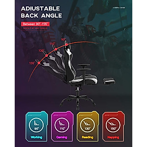 Vnewone Computer Gaming Chair Office PC Ergonomic Home Executive Desk Racing Rolling Swivel Task Adjustable High-Back PU Leather with Lumbar Support Footrest Headrest Armrest Massager, White