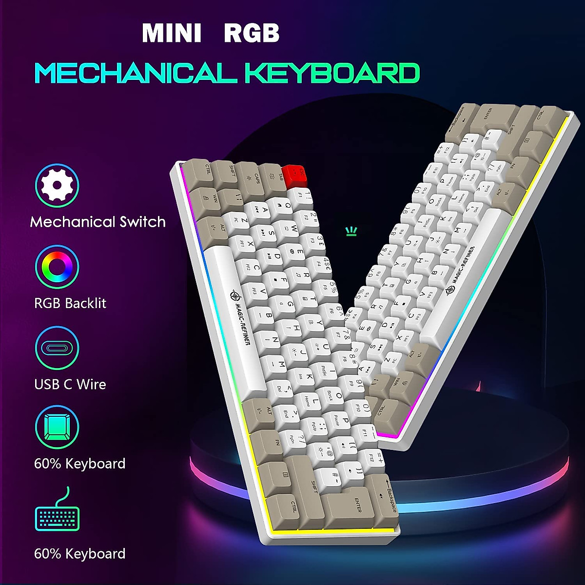 Mini Mechanical Gaming Keyboard Type-c Wired with PBT Dye-subbed Keycaps Rainbow RGB Backlit 60%Layout Full Anti-Ghosting 62 Key Ergonomic for Typist Laptop PC Mac Gamer (White Main/Red Switch)