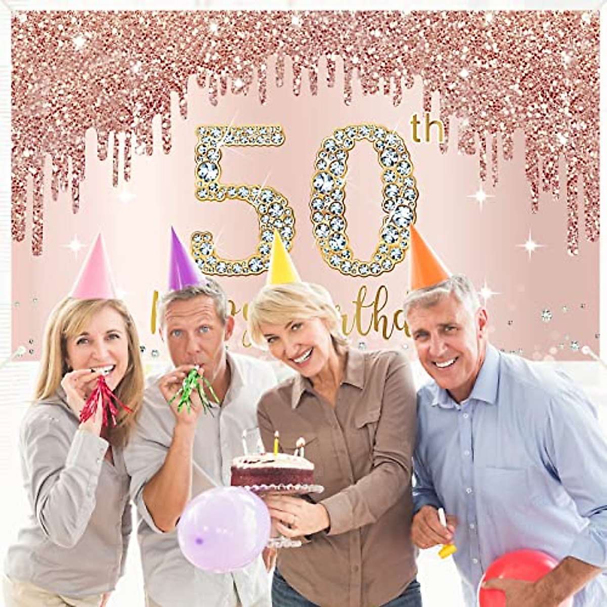 Happy 50th Birthday Banner Backdrop Decorations for Women, Rose Gold 50 Birthday Party Sign Supplies, Pink Fifty Birthday Poster Background Photo Booth Props Décor