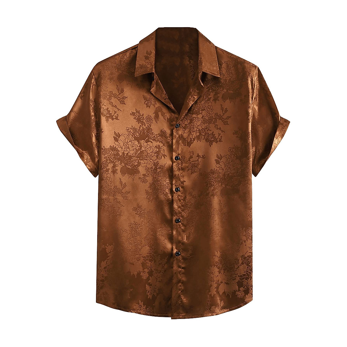 Floerns Men's Floral Jacquard Short Sleeve Button Front Satin Shirt Blouse Top Brown XL
