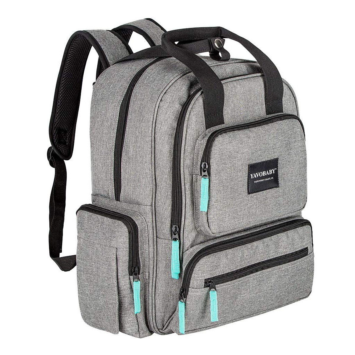 YavoBaby Diaper Bag Backpack - Large Capacity 18 Pocket Multi-Functional Unisex Diaper Bag - Extremely Durable and Stylish - Includes Changing Pad, Stroller Straps, and Nursing Pouch -Gray w/Teal Tags
