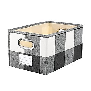 LaMorée Storage Bin Cotton Linen Fabric Basket Box Washable Foldable Decorative Rectangular Container with Handles Label Window Thick PP Plastic Board For Nursery Home Office - Black Plaid, Large Size