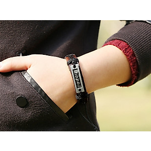 MORE FUN Vintage Mens Womens Coffee Leather Bangle Black Braided Rope Adjustable Wrap Bracelet (Hope)