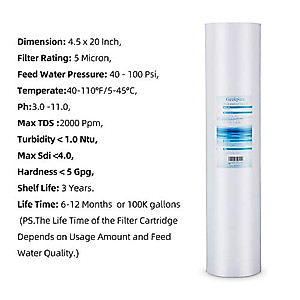 Geekpure 20-Inch Whole House Replacement Water Filter Cartridges PP Sediment and Block Carbon Filters-4.5 Inch x 20 Inch -5 Micron (Pack of 6)