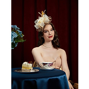 Cizoe Kentucky Derby Fascinators for Women High Tea Party Hat Wedding Cocktail Flower Headware with Mesh and Feathers(Gold&Beige)