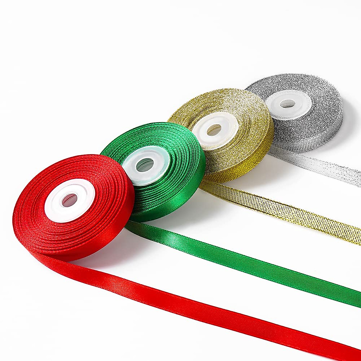 LIUYAXI 4 Rolls 3/8" Christmas Ribbon - Glitter Metallic Ribbon & Satin Ribbons Set, Total 100 Yards Xmas Holiday Festival for Gift Wrapping, Crafts, Festival Ornaments, Wedding Party Decoration