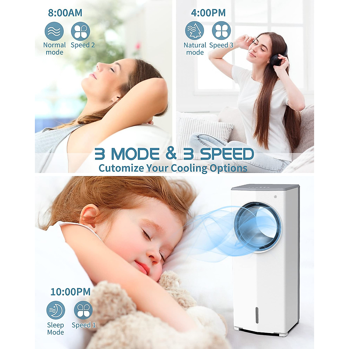 Evaporative Air Cooler, Portable Bladeless Fan, Air Cooler Fan with 3 Wind Speeds and 3 Modes, 90° Automatic Swing, 1 Gallon Water Tank, 2 Ice Packs, 7H Timer, Remote Control, for Room Home Office