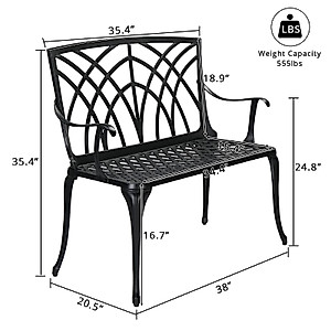 Outvita Outdoor Cast Aluminium Bench, 38" Garden Bench Anti-Rust Weather Resistant Patio Bench Orchid Pattern Bench for Front Porch, Backyard, Lawn