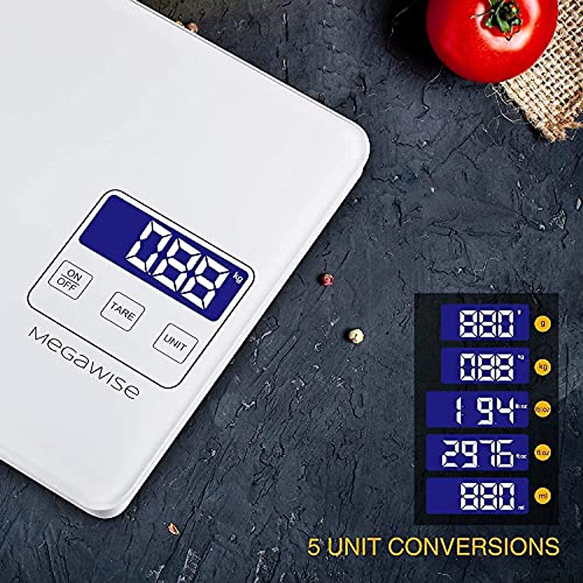 MegaWise Precision Food Scale, 33lb Waterproof Rechargeable Digital Kitchen Scale, 1g/0.04oz Precise Graduation, Weight Grams and Ounces for Cooking Baking, 5 Units Conversion, Tare Function