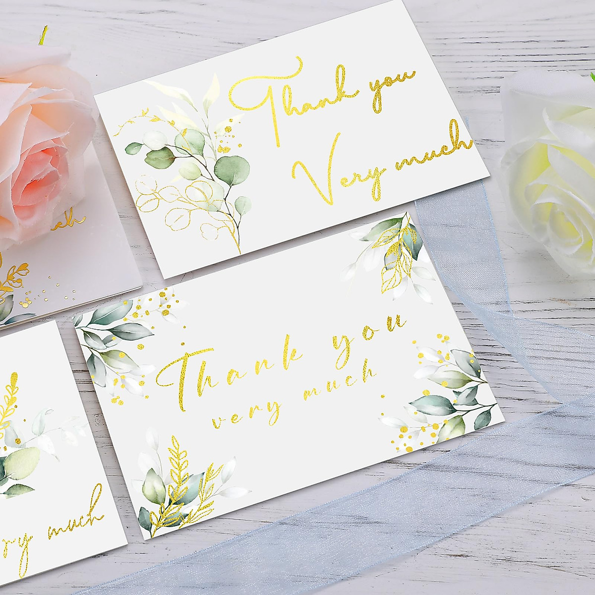 Qilery 120 Set Thank You Cards with Envelopes and Stickers for Wedding 5 x 3.5 Inch Sage Green Gold Foil Blank Thank You Notes Greeting Cards for Bridal Shower, Birthday, Graduation