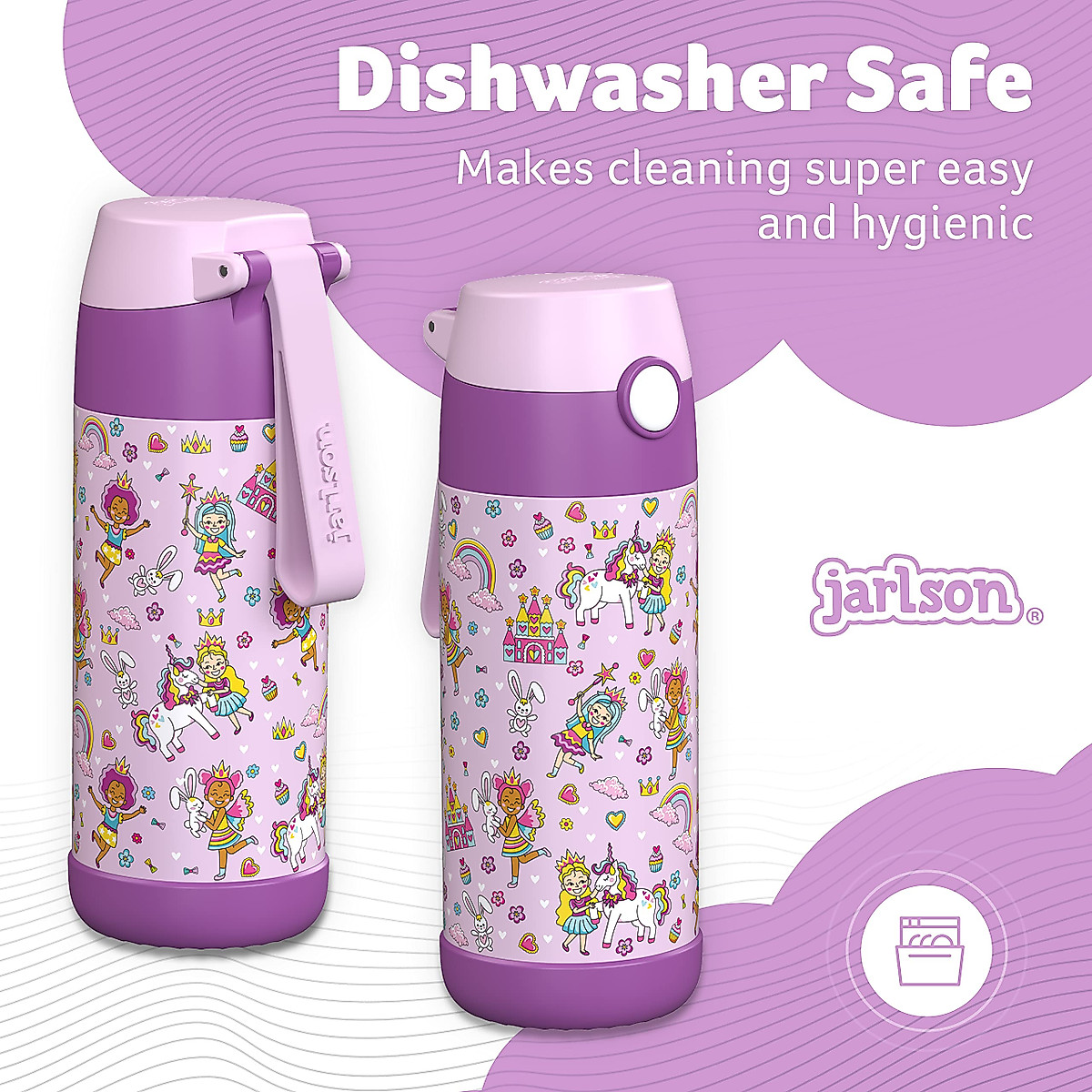 JARLSON® kids water bottle - MALI - insulated stainless steel water bottle with chug lid - thermos - girls/boys (Princess 'Mosaic', 12 oz)
