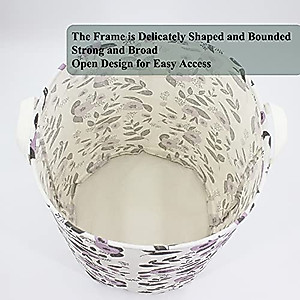 Mziart Collapsible Laundry Basket, Floral Printing Large Laundry Hamper for Baby Girls Kids Toys Clothes Organizer Foldable Storage Bin Waterproof Canvas Nursery Storage Basket with Handles (Purple)