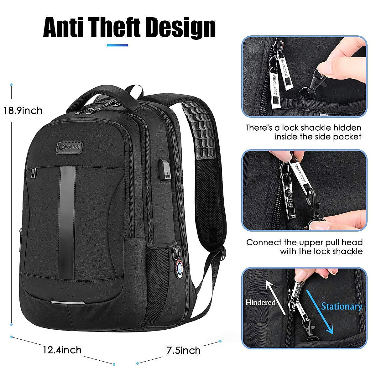 Laptop Backpack, 15.6-17 Inch Sosoon Travel Backpack for Laptop and Notebook, High School College Bookbag for Women Men Boys, Anti-Theft Water Resistant Bussiness Bag with USB Charging Port, Black