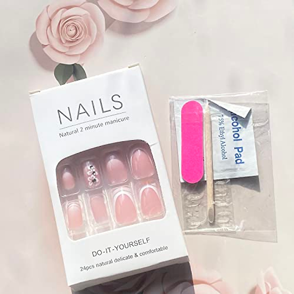 Medium Square Press on Nail French Tip Fake Nail, Full Cover Glossy Glue on Nails False Nails with Rhinestones Flowers Designs Medium White Nail Tips Pink Acrylic Nails for Women 24 Pcs