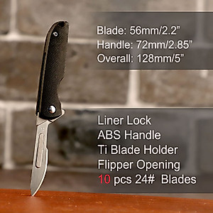 Samior S51 Mini Slim Flipper Folding Scalpel Neck Knife with 10pcs #24 Blades, ABS Handle with Liner Lock, Utility EDC Keychain Pocket Knives with Leather Sheath
