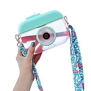 JQWSVE Kawaii Water Bottle with Straw, 400ml Cute Water Bottle BPA Free, Camera Shape Water Bottle with Adjustable Shoulder Strap for School Outdoor