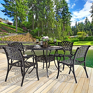 NUU GARDEN 5 Piece Outdoor Patio Dining Set, Cast Aluminum Round Dining Table with Umbrella Hole and Patio Dining Chairs for Patio, Garden, Backyard, Balcony, Black with Bronze Edge