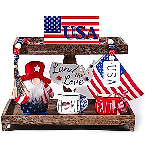 4th of July Tiered Tray Decor Set 6 Pieces Memorial Wooden Signs Forth of July Gnome American Coffee Mug and Beads Garland for Farmhouse Rustic Patriotic Independence Day Decoration
