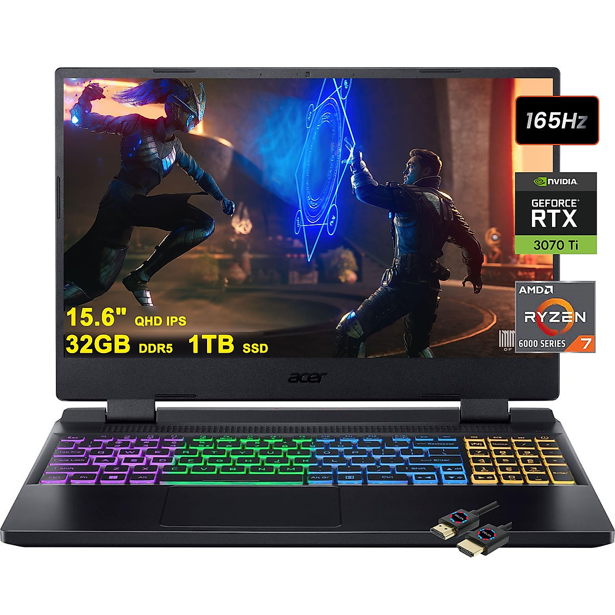 acer Nitro 5 15 Gaming Laptop | 15.6" QHD IPS 165Hz | AMD 8-core Ryzen 7 6800H (>i7-11370H) | 32GB DDR5 1TB SSD | GeForce RTX3070Ti 8GB Graphic | RGB Backlit HDMI USB-C Win11 Black + HDMI Cable