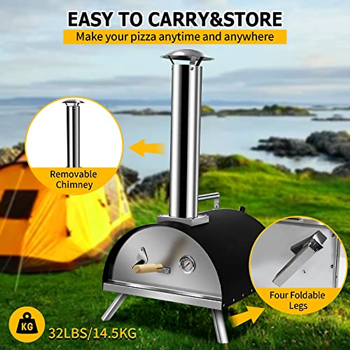 KODOM Pizza Oven, Portable Wood Pizza Oven with Foldable Legs Outdoor Pizza Oven Wood Pellet Pizza Oven for Outdoor, Courtyard Cooking (23.6’’ x 15.7’’ x 31.1’’ Inch)