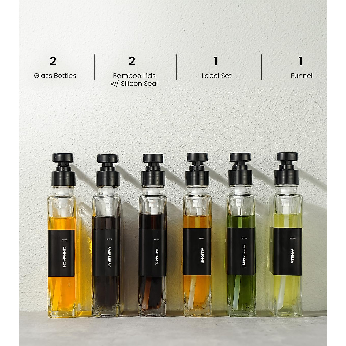 APT 1101 Glass Coffee Syrup Dispensers with Pumps, Syrup Bottles with Label Set - Essential Coffee Bar Accessories, 11.8 oz/350ml, Set of 2 (Black)