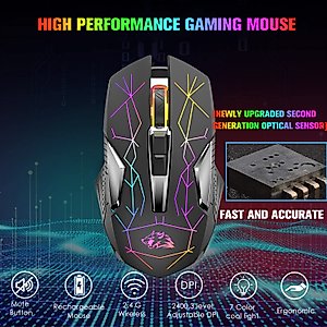 FELICON Wireless Gaming Mouse, Rechargeable Silent Click Adjustable DPI Optical Computer Mice, 2.4Ghz Wireless Mouse with Colorful LED Backlit for Windows/Mac/Linux/PC/Laptop(Star Black)