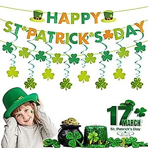 St.Patricks Day Decorations,1 Felt Shamrock Clover Garland+ 1 Happy St.Patricks Day Banner+8Pcs Hanging Swirls,St. Patrick 's Day Banner Decor perfect for Irish party supplies- Green and Light Green Color