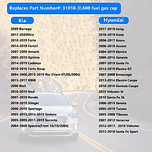 Gas Cap Fuel Cap OEM 31010-3L600 For Hyundai Accent Azera Elantra GT Entourage Equus Genesis Coupe Santa Fe Sonata Tucson Veloster, Kia soul sedona Forte Sportage Sorento Optima Amanti Fuel Tank Caps.
