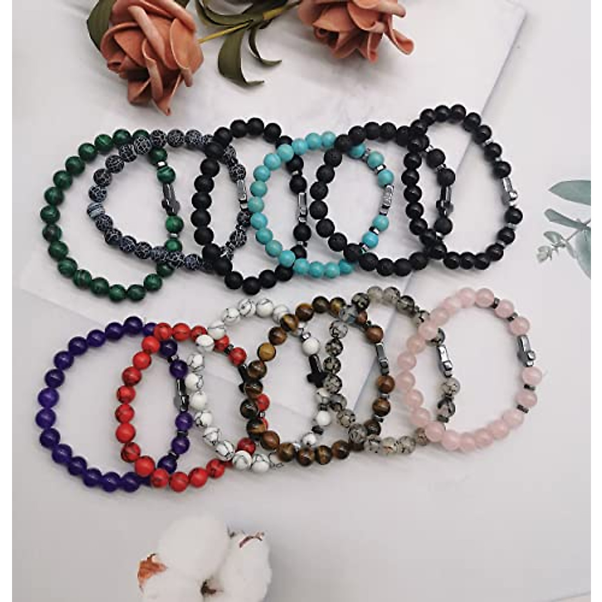 SAMOCO 12Pcs Healing Stone Beaded Bracelets for Women Men Semi-Precious Gemstones Bracelets Crystal Cross Beaded Bracelet Unisex Adjustable Stretch Bracelets 8MM