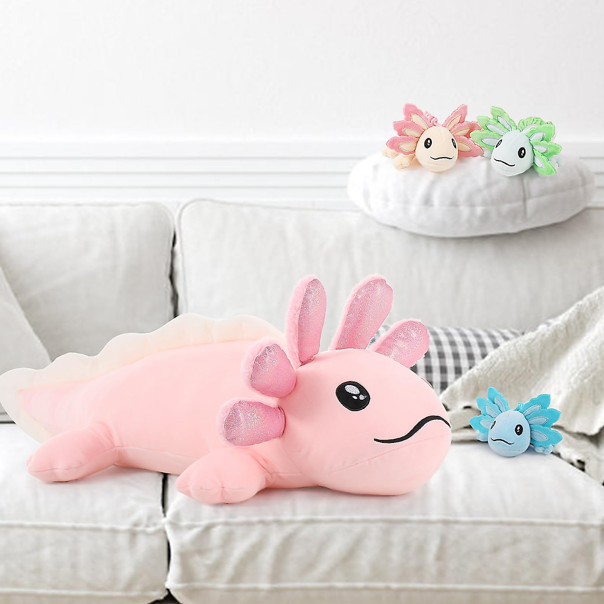 MaoGoLan 4 Pcs Axolotl Plush Stuffed Animal with Babies for Girls,32 inches Large Pink Axolotl Plush Pillow Toy with 3 Baby Axolotls Inside,Long Stuffed Axolotl Pillow Bulk for Axolotl Lover,Boys