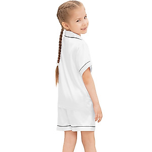 SWOMOG Toddler Girls Boys Silk Pj Cute Short Sleeve Button-Down Pajamas Set Nightwear Lounge Sets with Shorts White