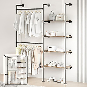 Woskar Industrial Pipe Clothing Rack, Hanging Rods Clothes Rack with Shelves, Clothes Rack for Wardrobe, Corner Closet System for Walk in Closets, Heavy Duty Hanging Clothes Rackk