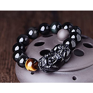 TTXSHYH Black Obsidian Bracelet,Feng Shui Black Obsidian Wealth Bracelet,Women Men Stretch Obsidian Bracelet with Pixiu Tiger Eye Stone Attract Wealth Money and Good Luck